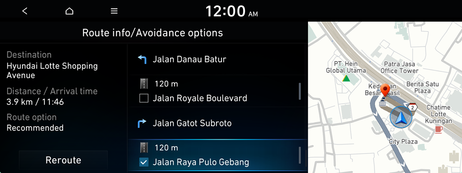 Press Reroute . Select the updated route and then press Start guidance