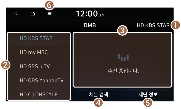 DMB 화면은 방송 시청 중에 실행할 수 있는 다양한 기능들로 구성되어 있습니다.